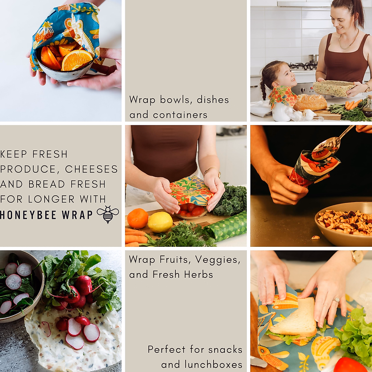 Honeybee Wrap Reusable Beeswax Wraps for Food | 7 Pack | Eco Friendly, Organic, Biodegradable, Plastic Free, Bee's Wrap for Reusable Bowl Covers and Food Storage | Reusable Cling Wrap | Australia Made