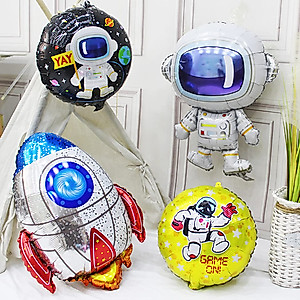 Aabellay Astronaut Balloons Rocket Foil Balloons Outer Space Theme Birthday Party Decorations Supplies Big Foil Mylar Number Helium Global for Boy Party Decor Favors - Blue 8