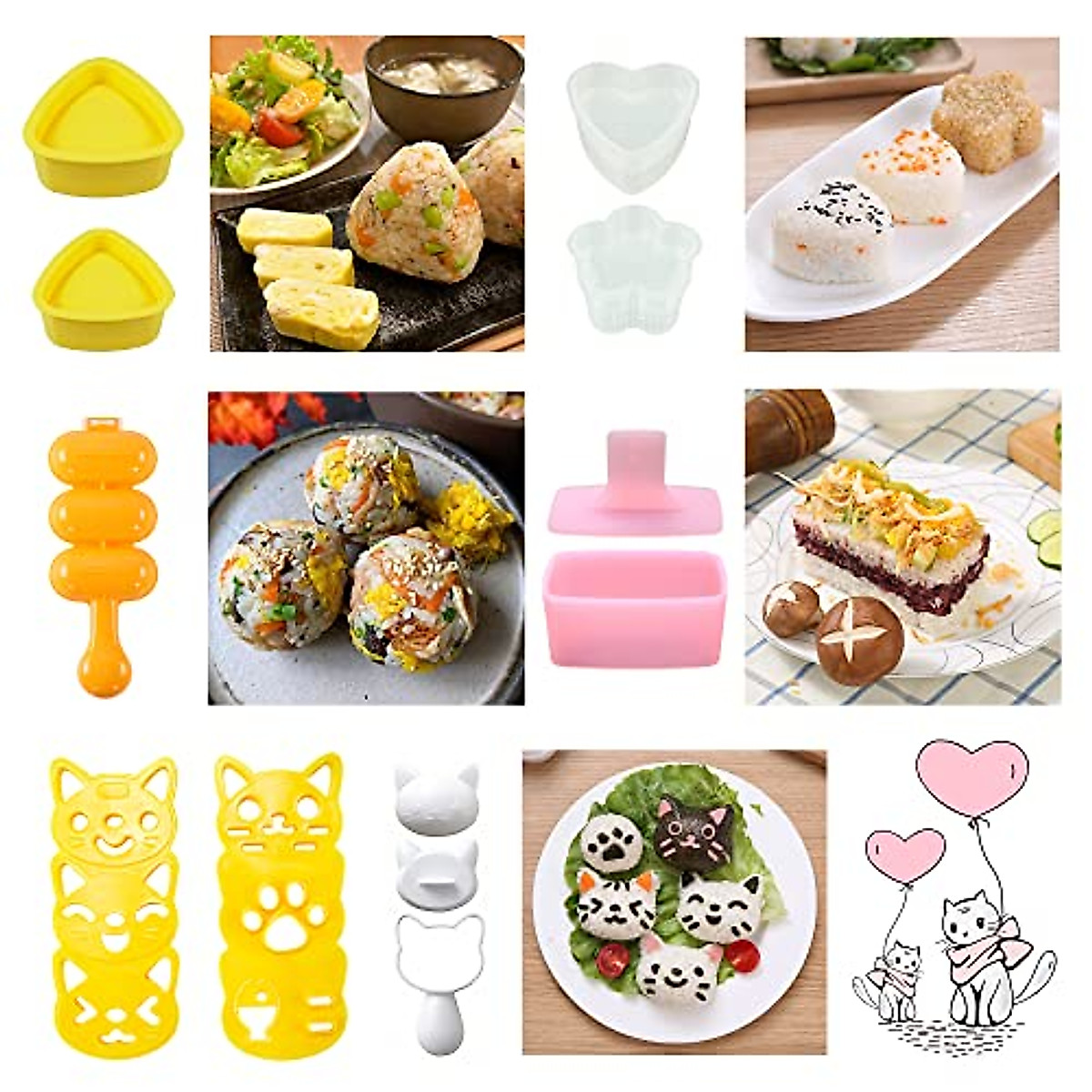 Cute Cat Sushi Mold for Kids, Musubi Maker Press, Rice Ball Mold Shaker, Classic Triangle Rice Ball Maker Mold Kit for DIY Fun Lunch Box Picnic Tool (CAT)