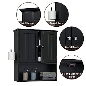 Iwell Bathroom Cabinet Wall Mounted with 2 Shelf & Toilet Paper Holder, 23.6''L*8.9''W*27.9''H Medicine Cabinet, Double Doors for Bathroom, Over The Toilet Space Saver Storage Cabinet, Black