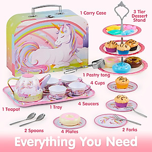 JOYIN 35Pcs Unicorn Tea Party Set for Little Girls, Pretend Tin Teapot Set, Princess Tea Time Play Kitchen Toy with Dessert, Doughnut, Carrying Case for Birthday Easter Gifts Kids Toddlers Age 3 4 5 6