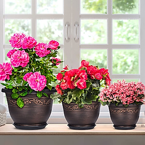 Plastic-Plant-Flower-Planters-8 Inch with Drainage Hole & Saucer, 6 Packs Lightweight Small Resin Flower Pot Indoor Outdoor, Retro Antique Imitation Decorative Garden Containers Sets for Houseplants