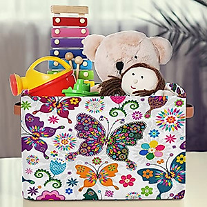 Pardick Floral Butterfly Large Collapsible Storage Bins ,Flying Butterfly Decorative Canvas Fabric Storage Boxes Organizer with Handles，Rectangular Baskets Bin for Home Shelves Closet Nursery Gifts