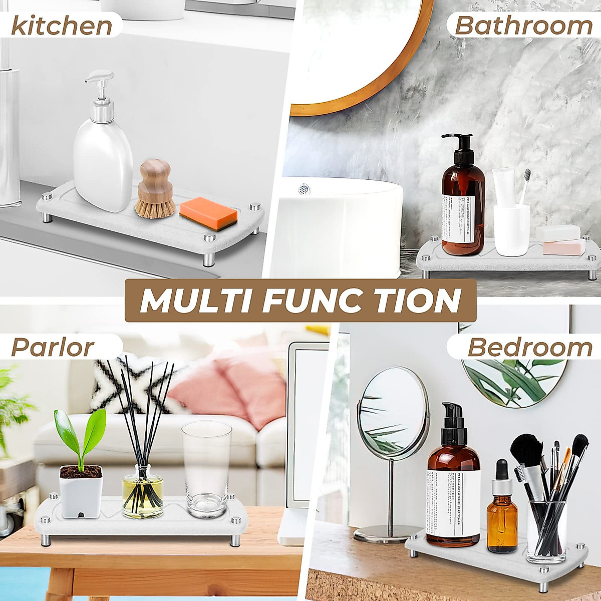 BFONS Instant Dry Sink Organizer, Sink Caddy Diatomaceous Earth Soon Neat Water Absorbing Stone Tray for Sink Kitchen Essentials Fast Drying Sponge Soap Holder Rack for Bathroom Organizer Countertop