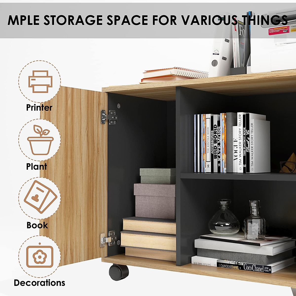 soges Mobile Lateral File Cabinet, Office Filing Cabinet,Rolling Storage Cabinet, Printer Stand with Open Storage Shelves and Wheels, CXWL-LR01BB
