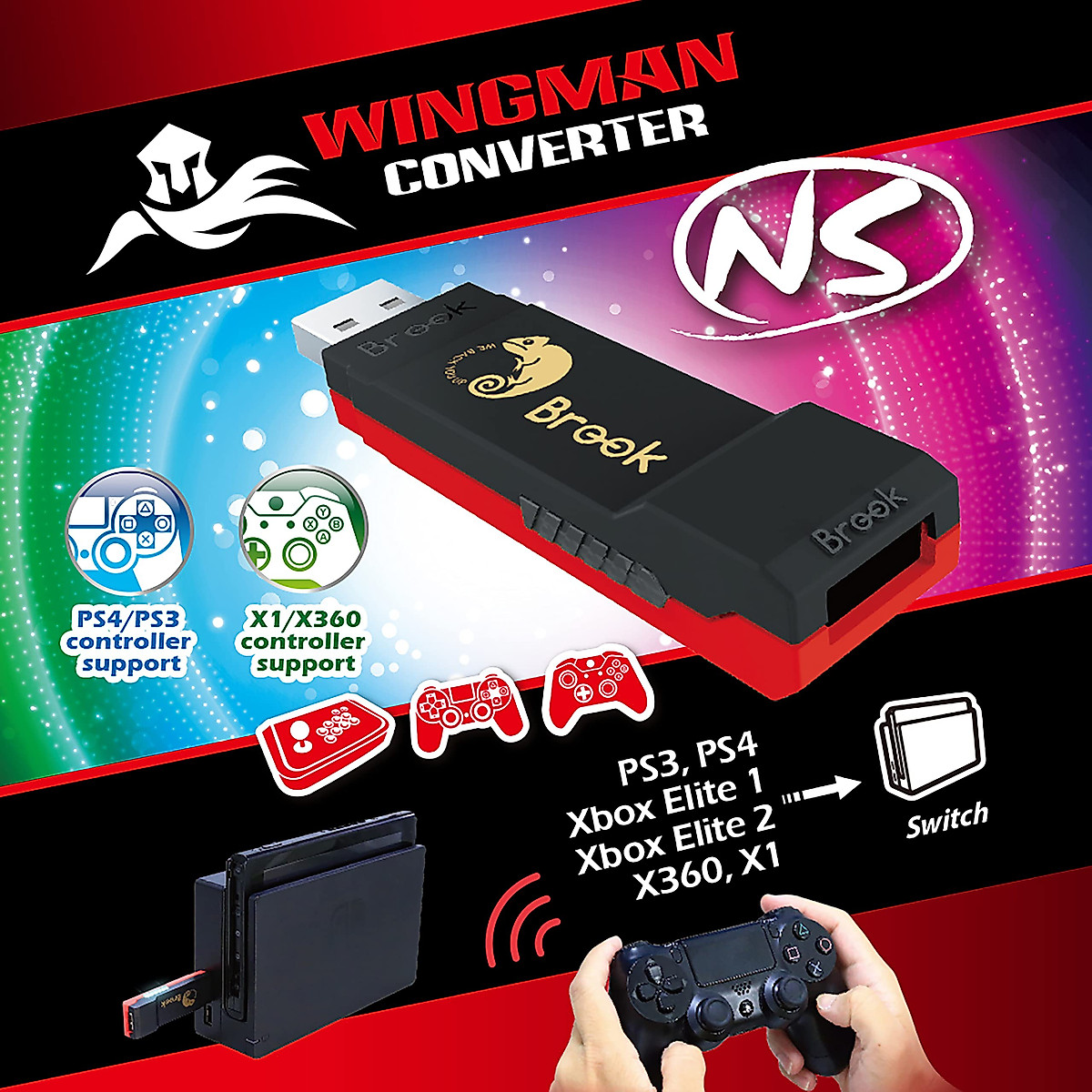 Brook Wingman NS converter- Support Xb Series X/S/One/360, PS5/PS4/PS3, Xb Elite 1/2, Switch Pro Controllers on Switch and PC(X-Input) Console, Consoles Adapter, Support Turbo and Remap