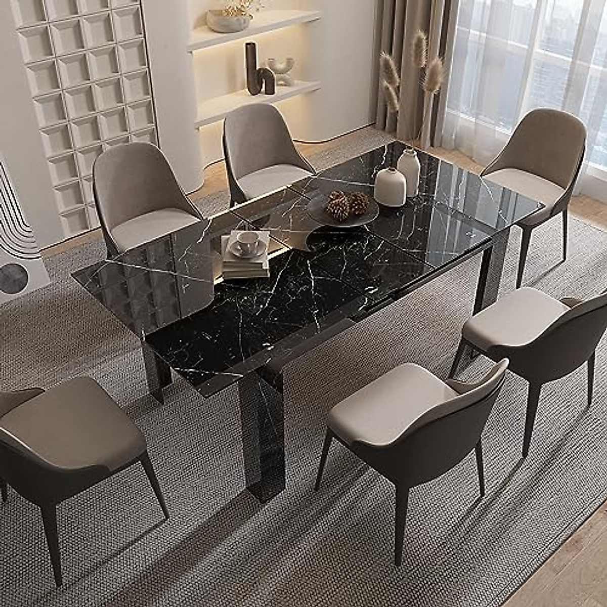 5-7.2FT Extendable Dining Room Table for 8-10, Modern Rectangular Expandable Transfomer Dining Room Table for Space-Saving Kitchen Small Space (High Glossy Black)