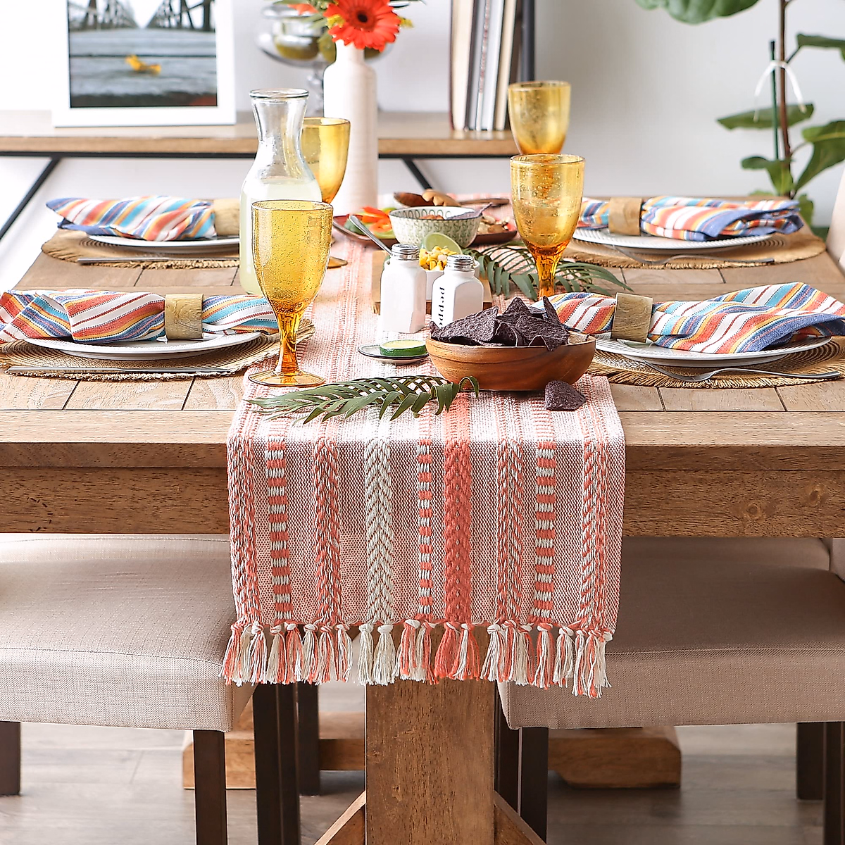 DII Farmhouse Braided Stripe Table Runner Collection, 15x72 (15x77, Fringe Included), Spice