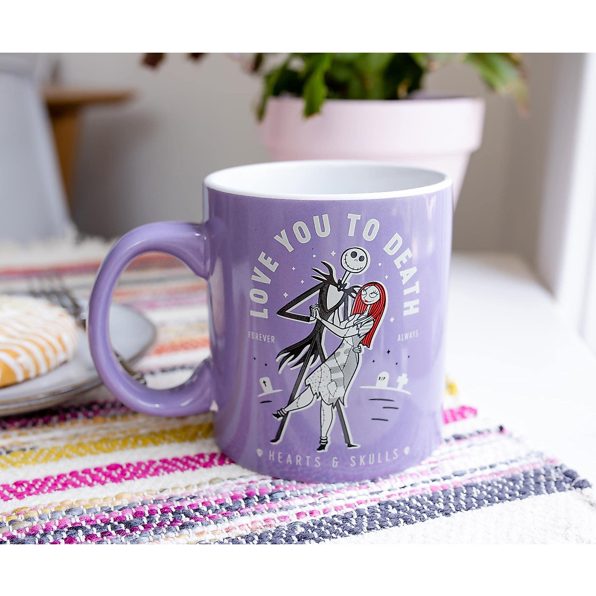 The Nightmare Before Christmas "Love You To Death" Jack and Sally Ceramic Coffee Mug, Oversized Large Cup | Novelty Drinkware For Tabletop | Official Disney Kitchen Accessories | Holds 20 Ounces