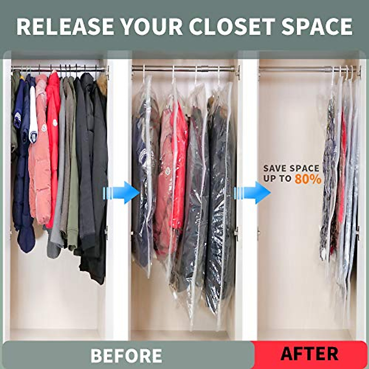 Meetall 4Pack Hanging Vacuum Storage Bag Reusable Space Saver Compressed Bag with Hangers.2pcs in 26.3x35.4inch(67x90cm) and 2pcs in 26.3x43.3inch (67x110cm).Work with Any Vacuum Cleaner.