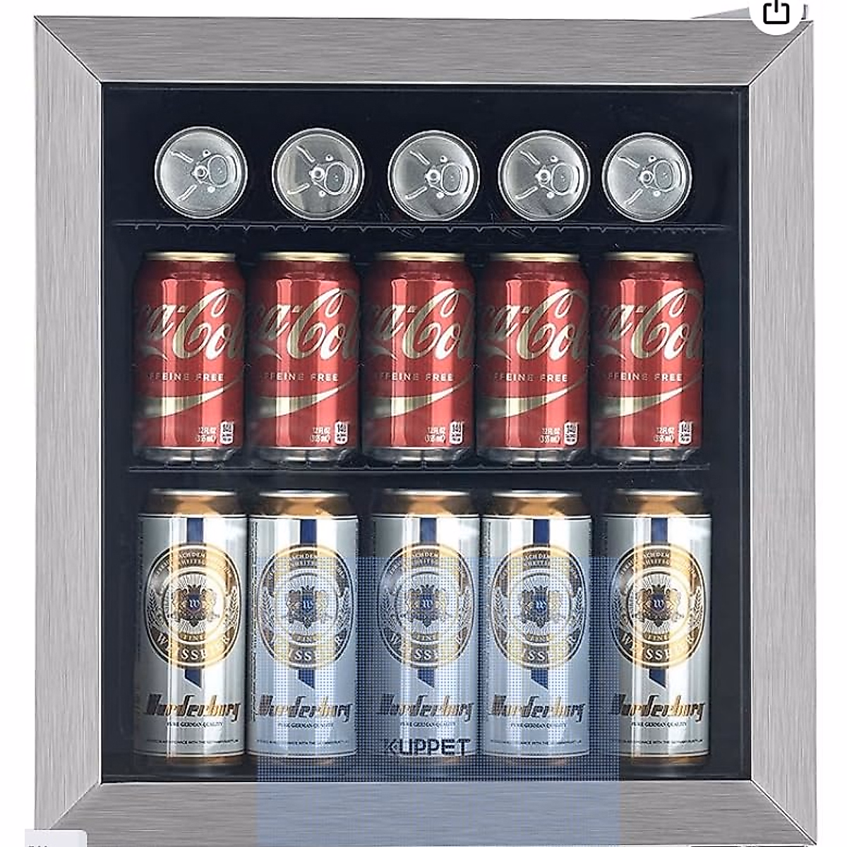 muhub 65 Can Beverage Cooler and Refrigerator, Mini Fridge with Glass Door and Adjustable Removable Shelves,Stainless Steel, for Home, Office or Bar(1.6 Cu.Ft.)