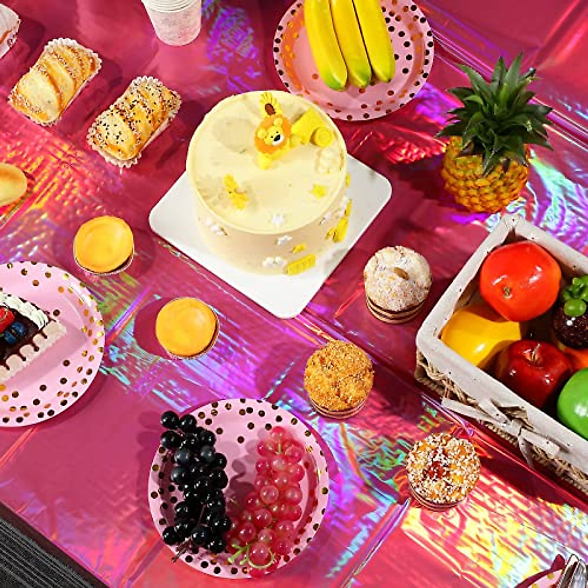 4 Pack Hot Pink Iridescence Plastic Tablecloths Shiny Disposable Laser Rectangle Table Covers Holographic Foil Tablecloth Party Decorations Birthday Bridal Wedding Christmas, 54 x 108 Inch