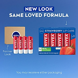 NIVEA Strawberry Lip Care, Tinted Lip Balm Pack with Shea Butter, Nourishing Oils and Vitamin C & E, 3-in-1 Moisture, Repair and Color, 0.17 Oz Stick, Pack of 4