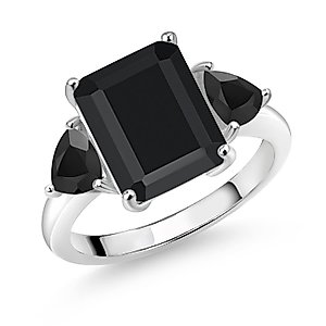 Gem Stone King 925 Sterling Silver Black Onyx 3 Stone Ring For Women (6.49 Cttw, Octagon 12X10MM, Trillion 5X5MM, Gemstone December Birthstone, Size 9)