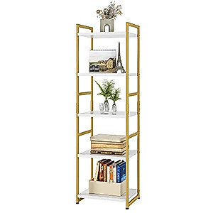 finetones 5 Tier Corner Shelf, Narrow Bookshelf Gold with Metal Frame, Modern Display Storage Organizer for Bedroom Living Room Home Office, White and Gold