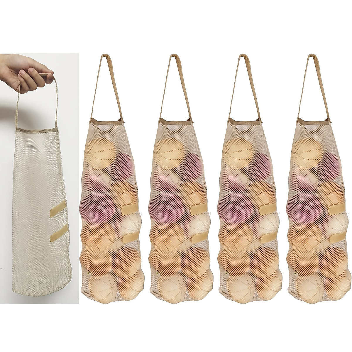 Hanging Mesh Storage Bags 5Pack Potatoes Bags Onion Bags Mesh Garlic Net Bags Long and Large Reusable Net Storage Produce Bags (Beige)