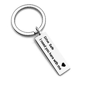 LareinaXXX Drive Safe I need you here with me keychain Trucker Husband gift for husband dad gift valentines day stocking stuffer, Silver, Medium