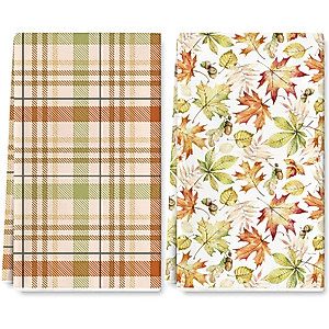 AnyDesign Fall Kitchen Towel Rustic Autumn Plaids Maple Leaves Dish Towel 28 x 18 Inch Farmhouse Tea Towel Decorative Hand Drying Towel for Kitchen Cooking Baking Party Supplies, 2 Pack