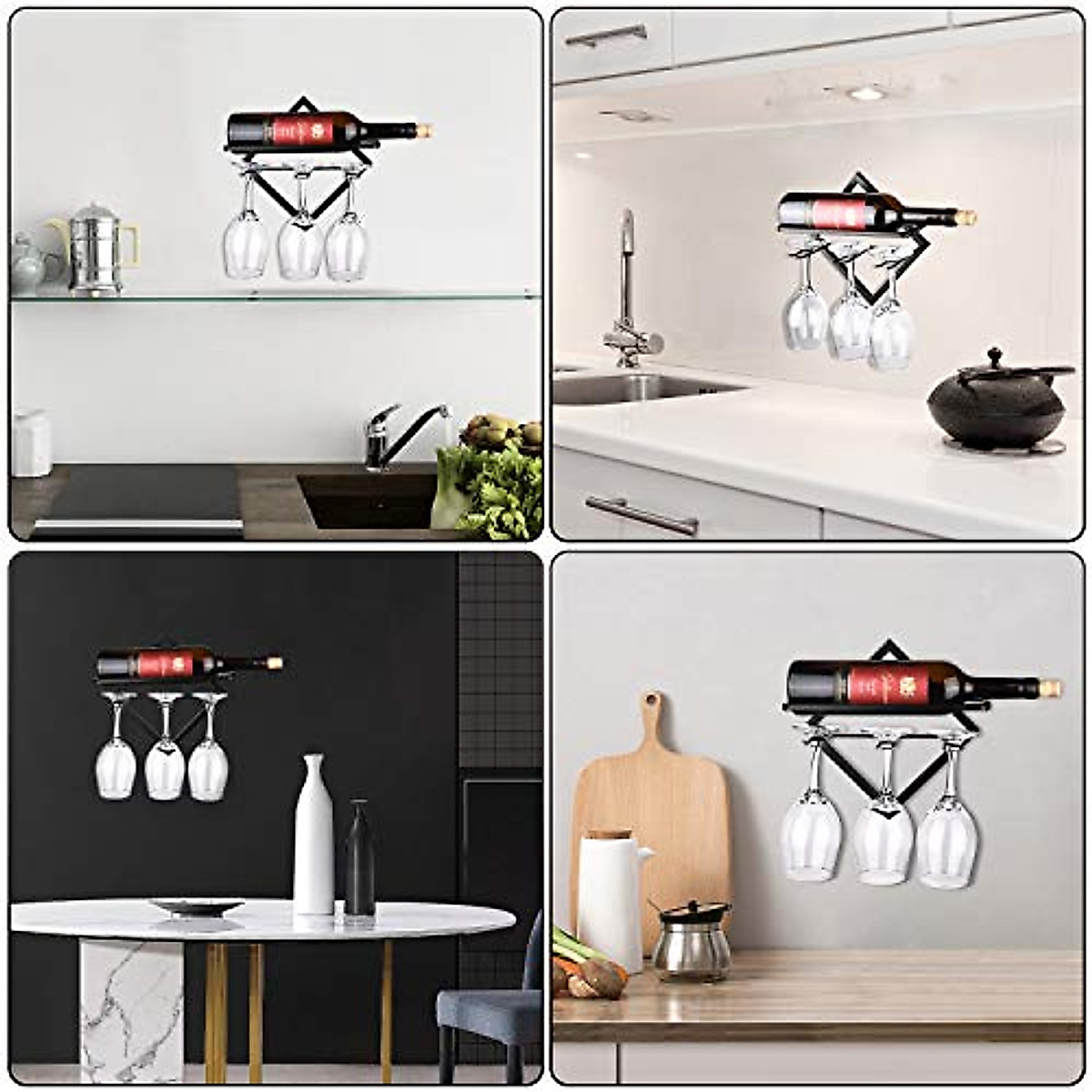 JJDPARTS 2 Pack Wall Mounted Metal Wine Rack, Wine Bottle Rack and Stemware Hanger, Bottle & Glass Holder for Home & Kitchen Display Decor (2 Pack)