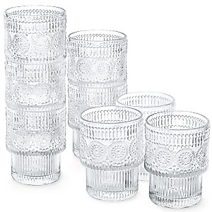 Kingrol Drinking Glasses Set of 8, 6.5 Ounces Stackbale Water Glasses, Vintage Glassware for Cocktail, Whiskey, Juice, Iced Coffee, Iced Tea, Bar Accessories