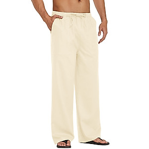 COOFANDY Men Linen Yoga Beach Cool Long Pants Stretchy Drawstring Waist Trousers