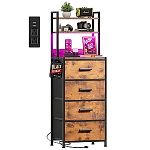 Nightstand 4 Drawer Dresser with LED Lights, Charging Station, Vertical Side Table with Fabric Drawers, End Table with 3 Open Shelves, Tall Dresser for Bedroom, Hallway, Entryway, Rustic Brown