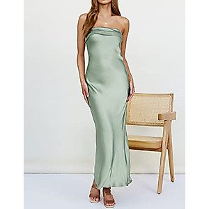 ZESICA Women's 2023 Summer Satin Strapless Dress Sexy Backless Bodycon Wedding Cocktail Party Maxi Dresses,Sage,Large