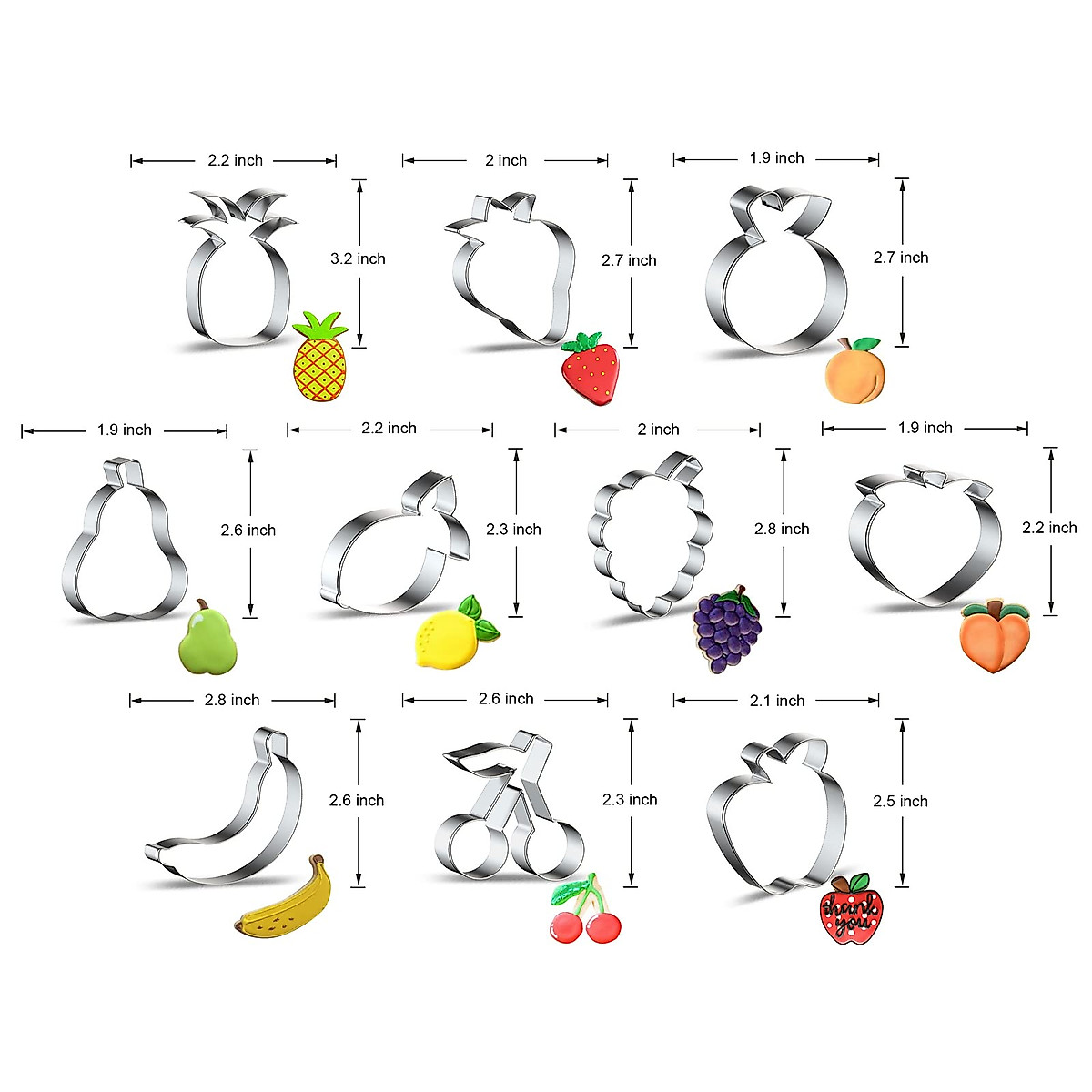 Fruit Cookie Cutter Set - 10 Piece - Apple Banana Orange Peach Pear Pineapple Strawberry Tangerine Lemon Grape Cherry Cookie Cutters Shapes Biscuit Fondant Molds for Treats DIY Cake Baking Supplies