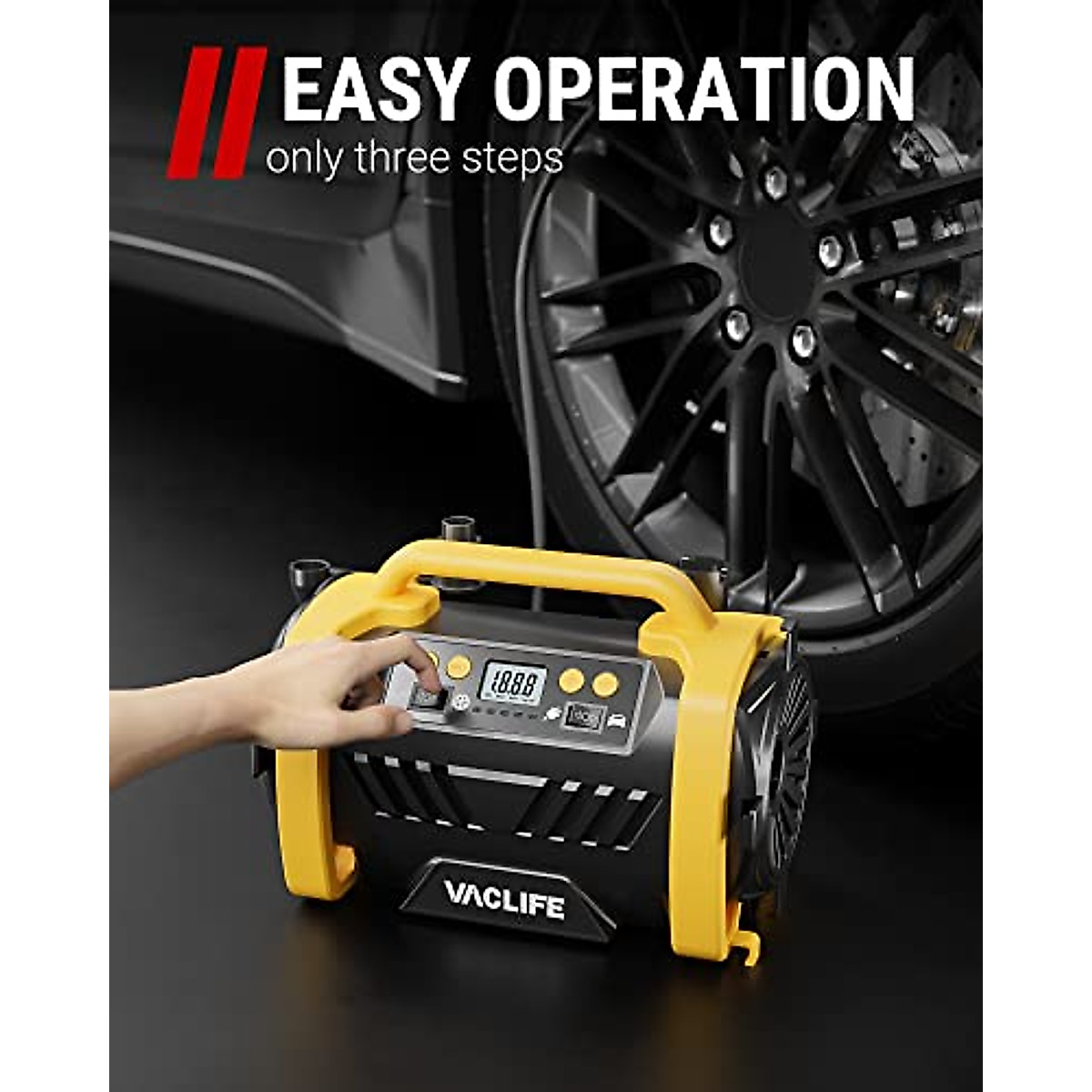 VacLife Tire Inflator Portable Air Compressor - 12V DC/120V AC Car Tire Pump for Air Mattress Beds, Boats with Inflation and Deflation Modes, Dual Powerful Motors, Model: ATJ-6588, Yellow (VL758)