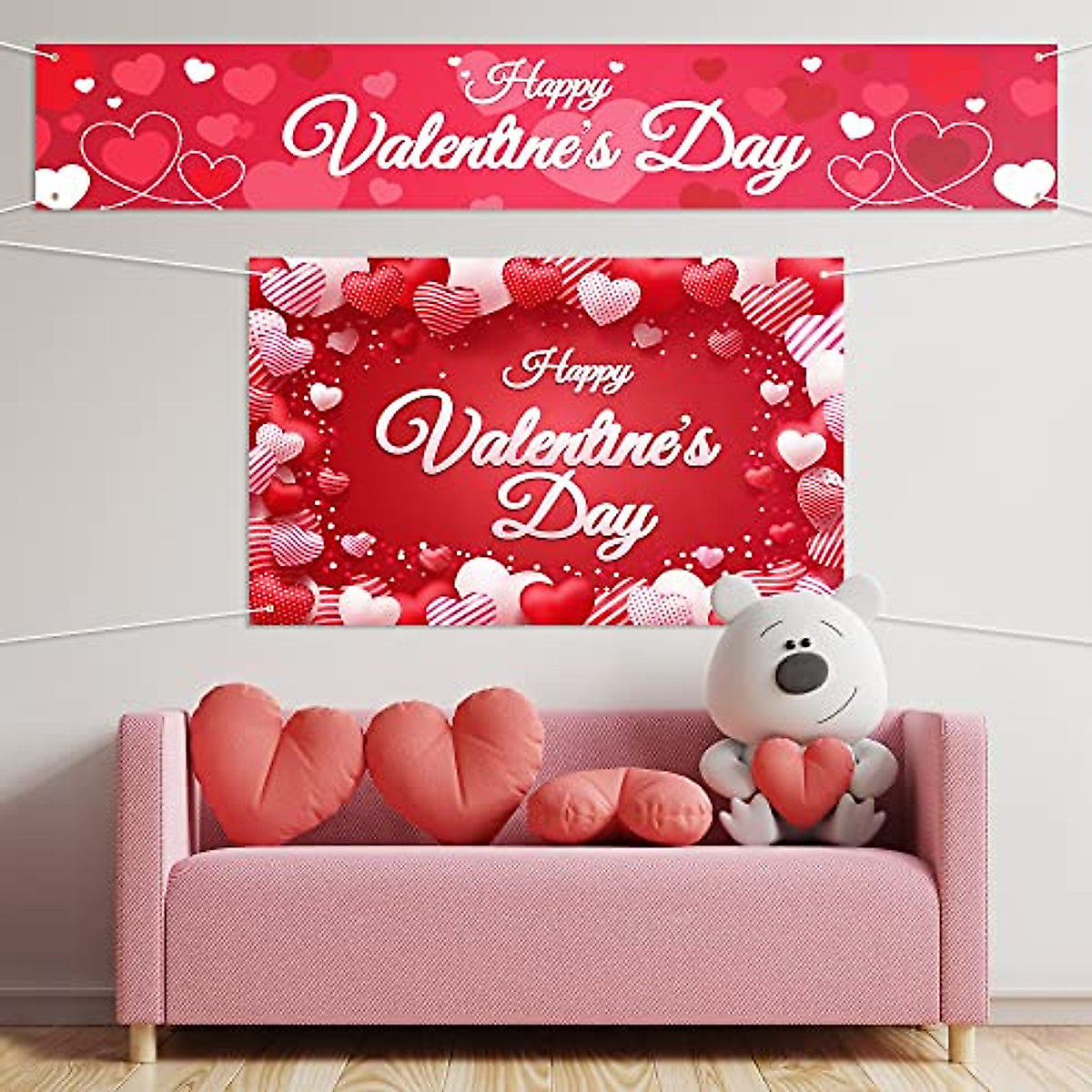 Valentines Day Banner Decor, Happy Valentine's Day Backdrops Banner Decoration, Large Yard Fence Banner & Backdrops Photography for Home, Hanging Red Heart Valentines Day Party Romantic Decor Favor