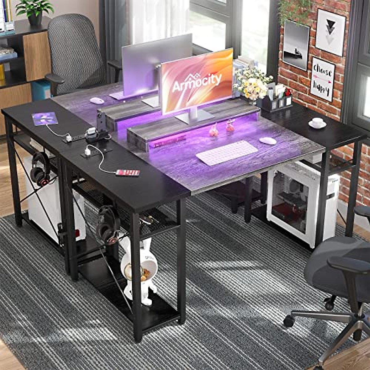 armocity Computer Desk with LED Lights, 48 Inch Desk with Power Outlet and USB, Reversible Large Desk with Moveable Monitor Stand, 48'' Gaming PC Table for Home Office, Workstation, Grey and Black