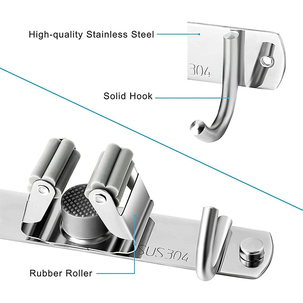 YYTONG Broom and Mop Holder, Wall Mounted Broom Holder, Stainless Steel Mop Holder, Self Adhesive Heavy Duty Hooks Storage Organizer for Laundry Room Garden Garage Closet Kitchen (3 Racks 4 Hooks)