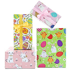 Easter Wrapping Paper,8 Sheets 4 Design Bunny Eggs Chicks Pattern Birthday Gift Wrap,20 x 28inch Cute Wrapping Paper Sheets With Ribbon for Easter Spring Party All Occasion Girls Boys Baby Shower