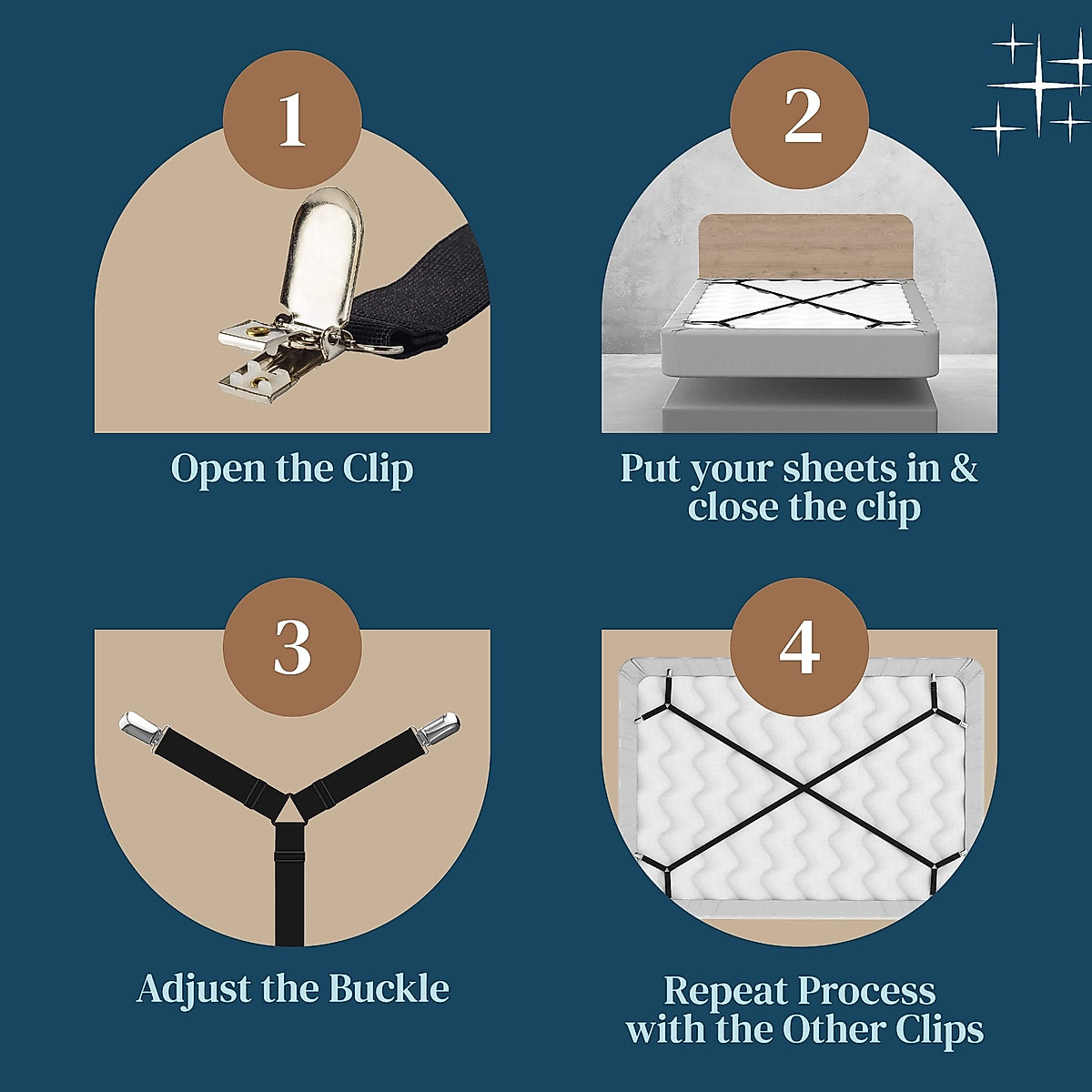 FeelAtHome Bed Sheet Holder Straps Criss-Cross - Sheets Stays Suspenders Keep Fitted/Flat Bedsheet in Place - for Twin Queen King Mattress Holders - Bed Sheet Strap - Fitted Sheet Clip Sheet Keepers