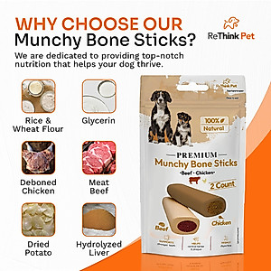 ReThink Pet 2 Pcs Premium Munchy Bone Sticks, Dog Treats Small Dogs, Beef & Chicken Dog Chew Sticks, Highly Digestible & Long Lasting Dog Chews, Natural Dog Chews for Aggressive Chewers