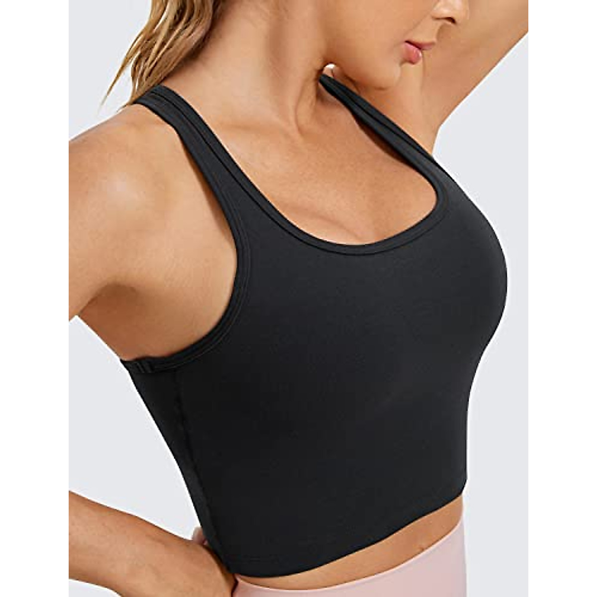 CRZ YOGA Butterluxe Womens Y-Back Racerback Longline Sports Bra - Padded Scoop Neck Workout Crop Tank Top with Built in Bra Black Small