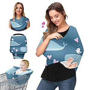 Baby Car Seat Stroller Covers Cute Whale Birds Nursing Cover Breastfeeding Scarf Soft Breathable Stretchy Infant Car Canopy Coverage Carseat Cover for Boys and Girls Multi Use