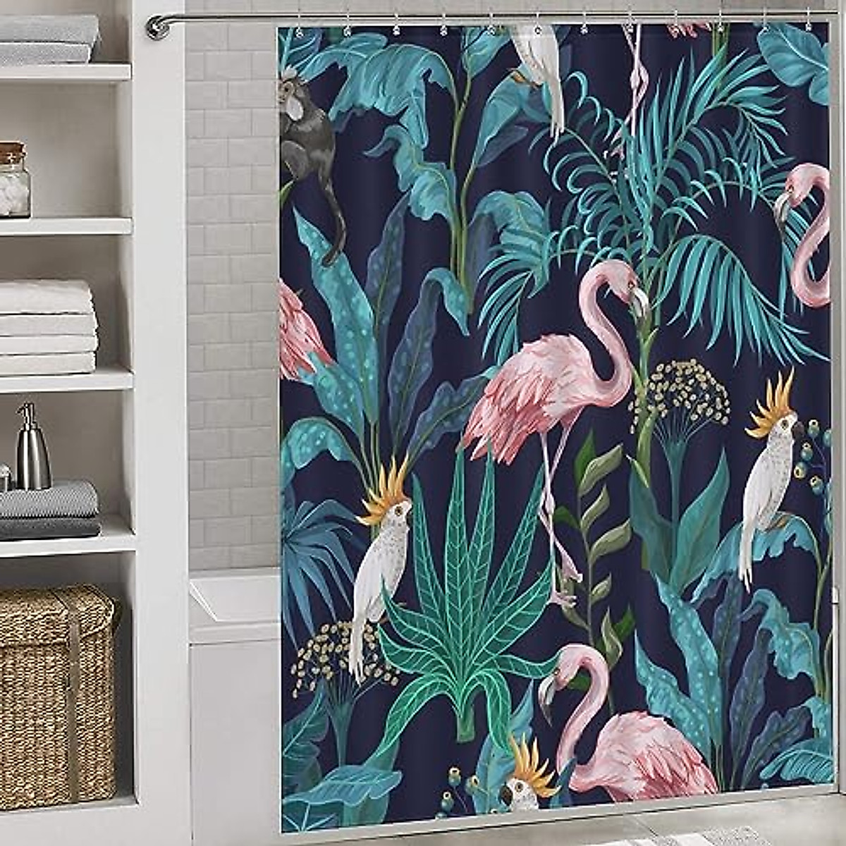 LAKIMCT Jungle Flamingo Parrots Shower Curtain for Bathroom, Polyester Cloth Shower Curtain with Hooks, Modern Shower Curtain, Art Deco Shower Curtain, 66x72 inch Shower Curtain, 12 Hooks