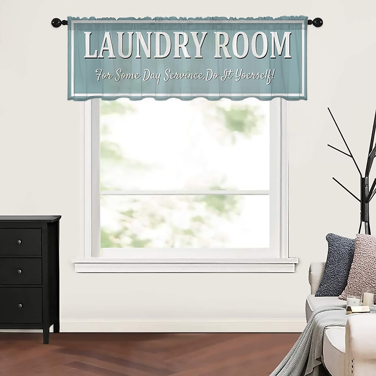 Sheer Valances Curtain, Laundry Room Do It Yourself Chiffon Valance for Window 54" x 18", Blue Laundry Decor Backdrop Small Tier Curtain Rod Pocket Window Panels for Kitchen, Bathroom, Cafe