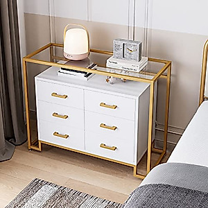 Senfot 6 Drawer Dresser, Wood Dresser Chest with Wide Storage Space, Steel Frame & Tempered Glass Top, Storage Tower Clothes Organizer, Large Storage Cabinet for Bedroom, Living Room
