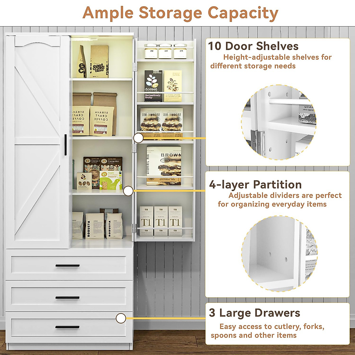 FJTJBSI 72" LED Kitchen Pantry Cabinet with 3 Drawers Farmhouse Tall Storage Cabinet Wood Food Pantry with Barn Doors and Adjustable Shelves Versatile Storage Freestanding Cupboard for Kitchen