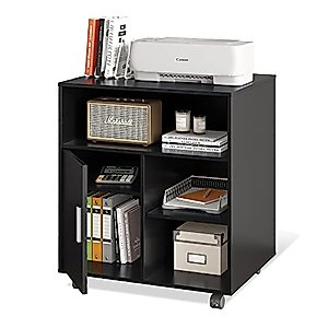 DEVAISE Mobile Printer Stand with Adjustable Shelf, Rolling Wood Storage Cabinet on Wheels, Black
