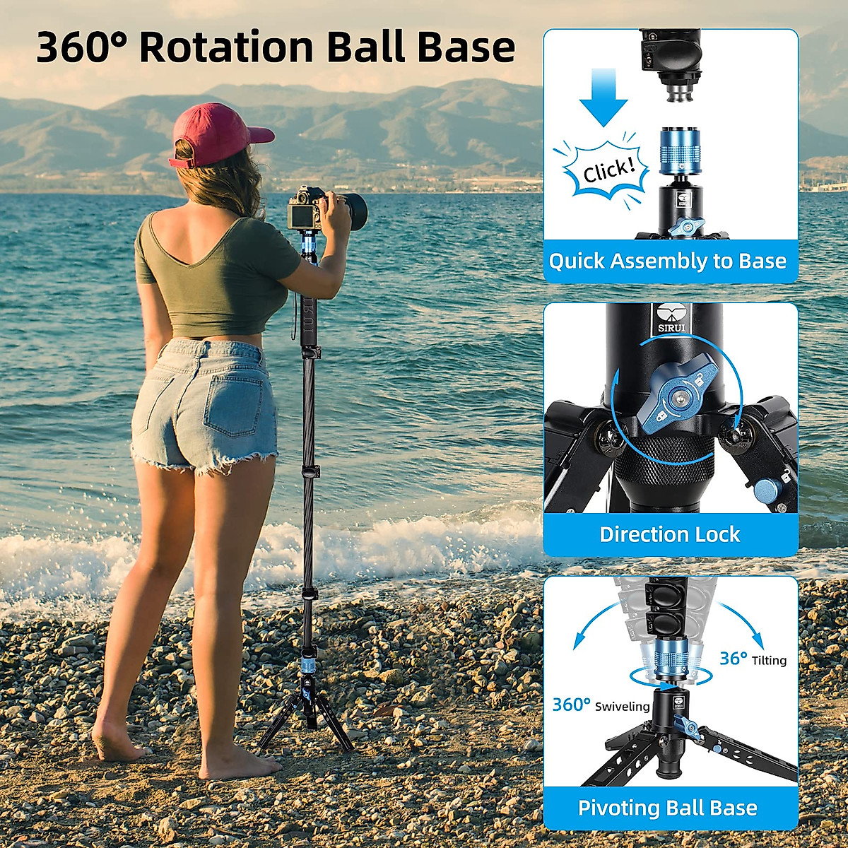 SIRUI P-325FS Monopod with Feet, 55" Carbon Fiber Monopod for Cameras, Professional Lightweight Travel Monopod, Max Load 22lbs, 360° Panorama, 5-Section, Quick Release Plate