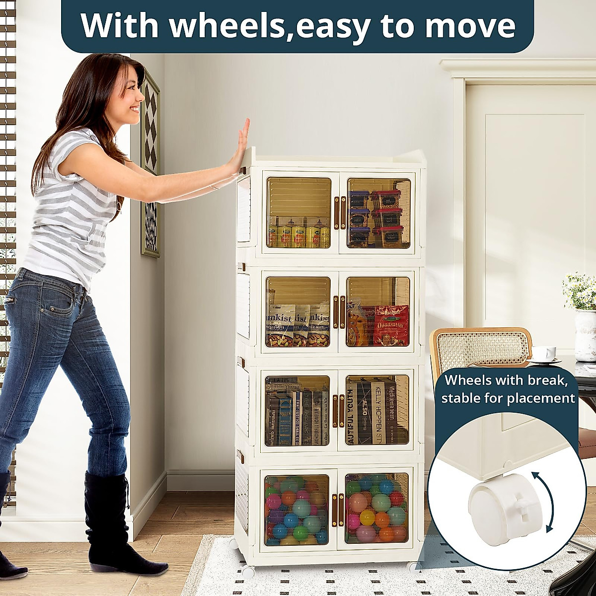 GARPROVM 3 Tier Stackable Storage Bins with Doors and Wheels 42 GAL, Storage Box 168QT Foldable Storage Bins with lids Storage Closet Clothes Organizer Storage Cabinet for Bedroom Living Room