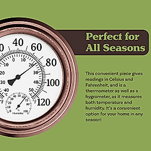 Wall Thermometer - 8-Inch Decorative Indoor/Outdoor Temperature and Hygrometer Gauge - for Home, Patio, Porch, or Sunroom by Pure Garden (Copper)