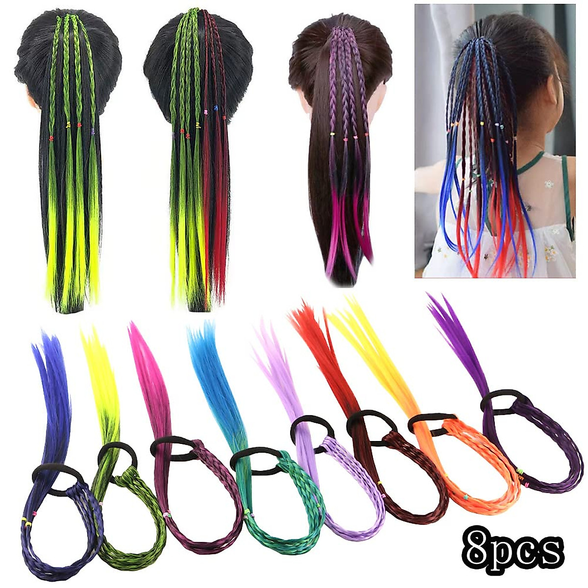 HUJIANWEN Colored Braids Hair Extensions with Rubber Bands Rainbow Braided Synthetic Hairpieces Ponytail Hair Accessories for Women Kids Girls Party Highlights Cosplay Dress Up