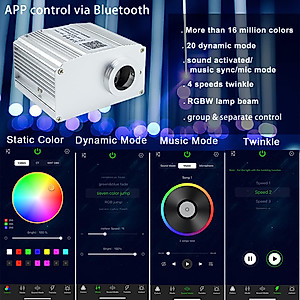 AZIMOM Bluetooth Control 10W Twinkle Fiber Optic Lights Star Ceiling Light Kit 150pcs0.03in6.5ft Fiber Strands Music Mode RGBW APP/Remote Light Engine for Car Headliner Room Decoration
