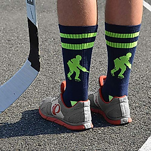 ChalkTalkSPORTS Hockey Half Cushioned Crew Socks | Hockey Player | Navy/Neon