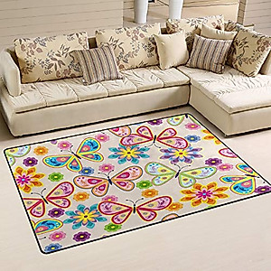 Linomo Area Rug Floral Butterfly Flower Floor Rugs Doormat Living Room Home Decor, Carpets Area Mats for Kids Boys Girls Bedroom 60 x 39 Inches