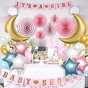 34 PCS Twinkle Little Star Baby Shower Birthday Party Decoration,Moon and Star Mylar Balloons for Gender Reveal Party,Blue Pink White Gold Confetti Latex Balloons